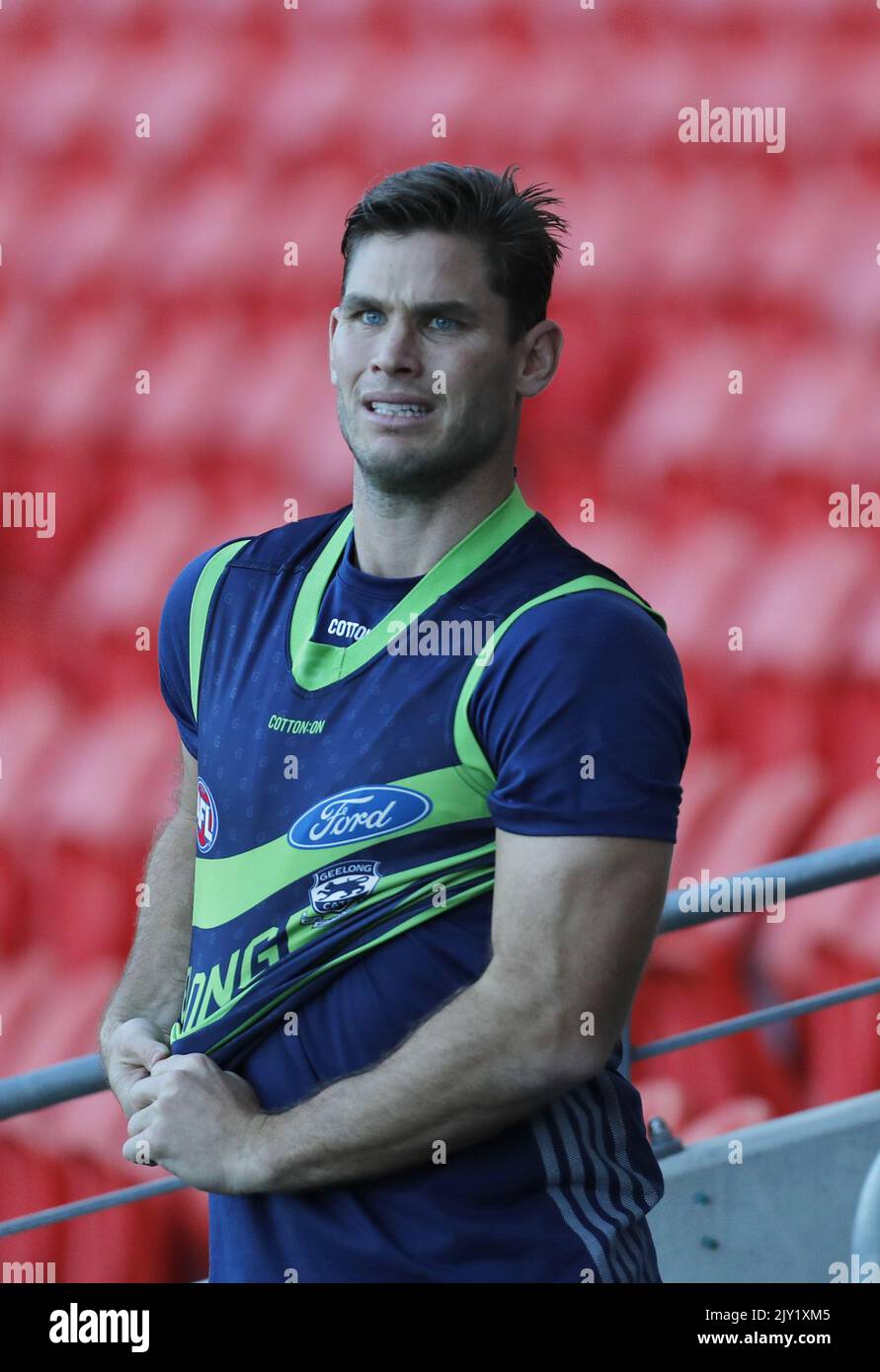 Tom Hawkins of the Cats gets ready for training at the Metricon stadium ...
