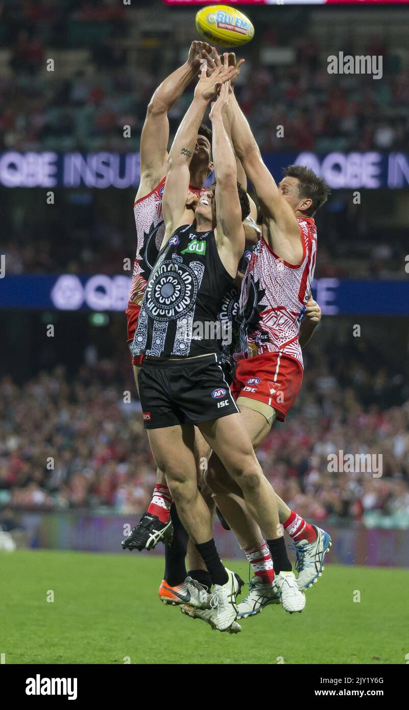 Brody Mihocek of the Magpies and Callum Sinclair of the Swans contest a ...