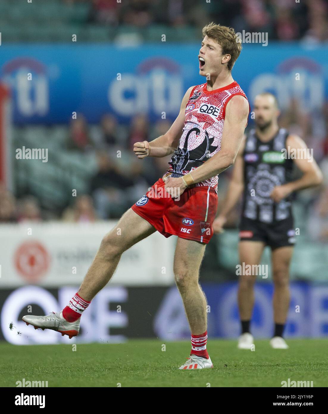 Nick Blakey of the Swans celebrates after scoring during the Round 10 ...