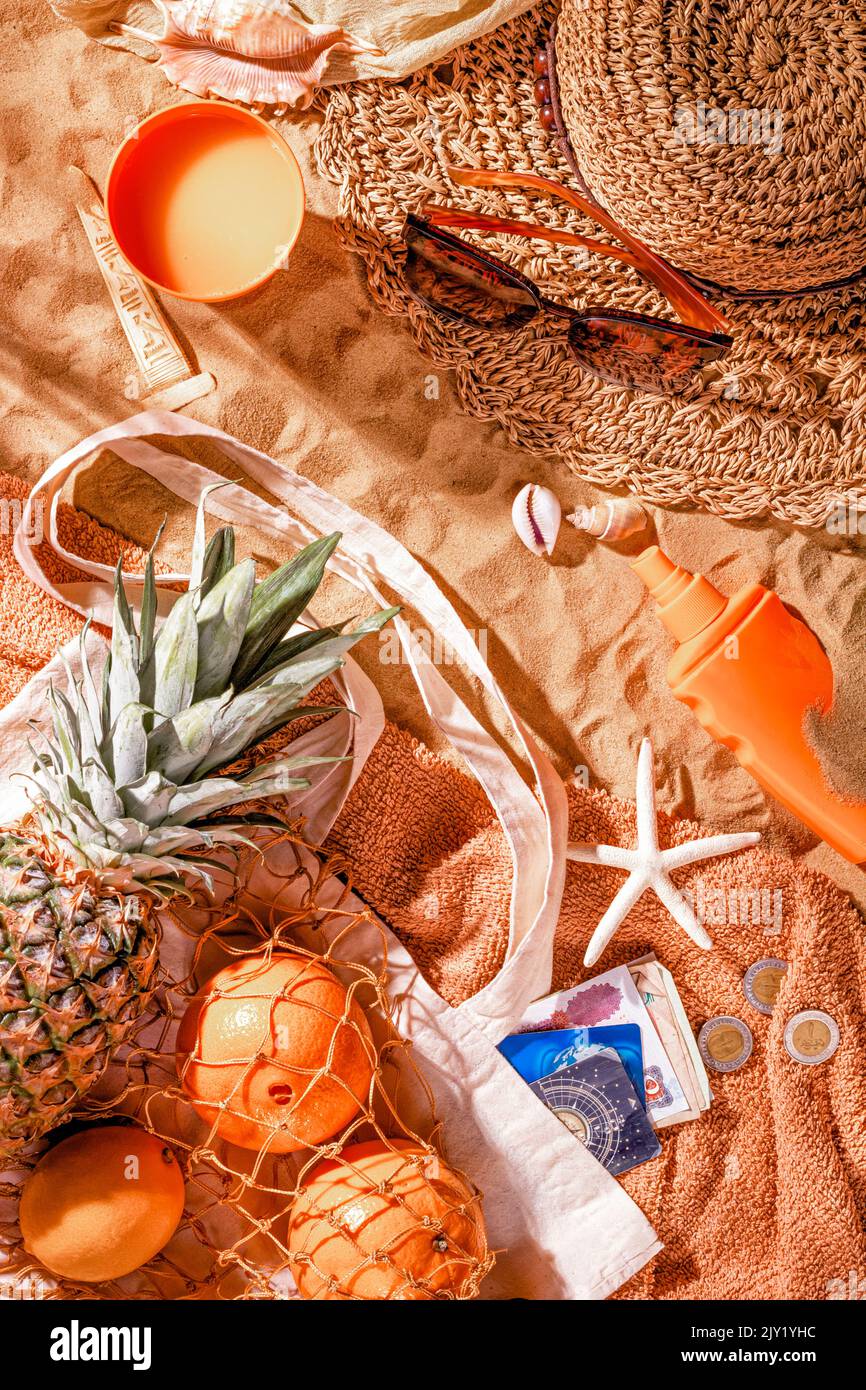 Concept of sandy beach holiday, top view. Sand background with space ...