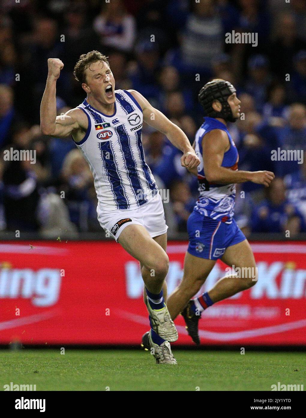 Nick Larkey of the Kangaroos celebrates a goal during the Round 10 AFL ...