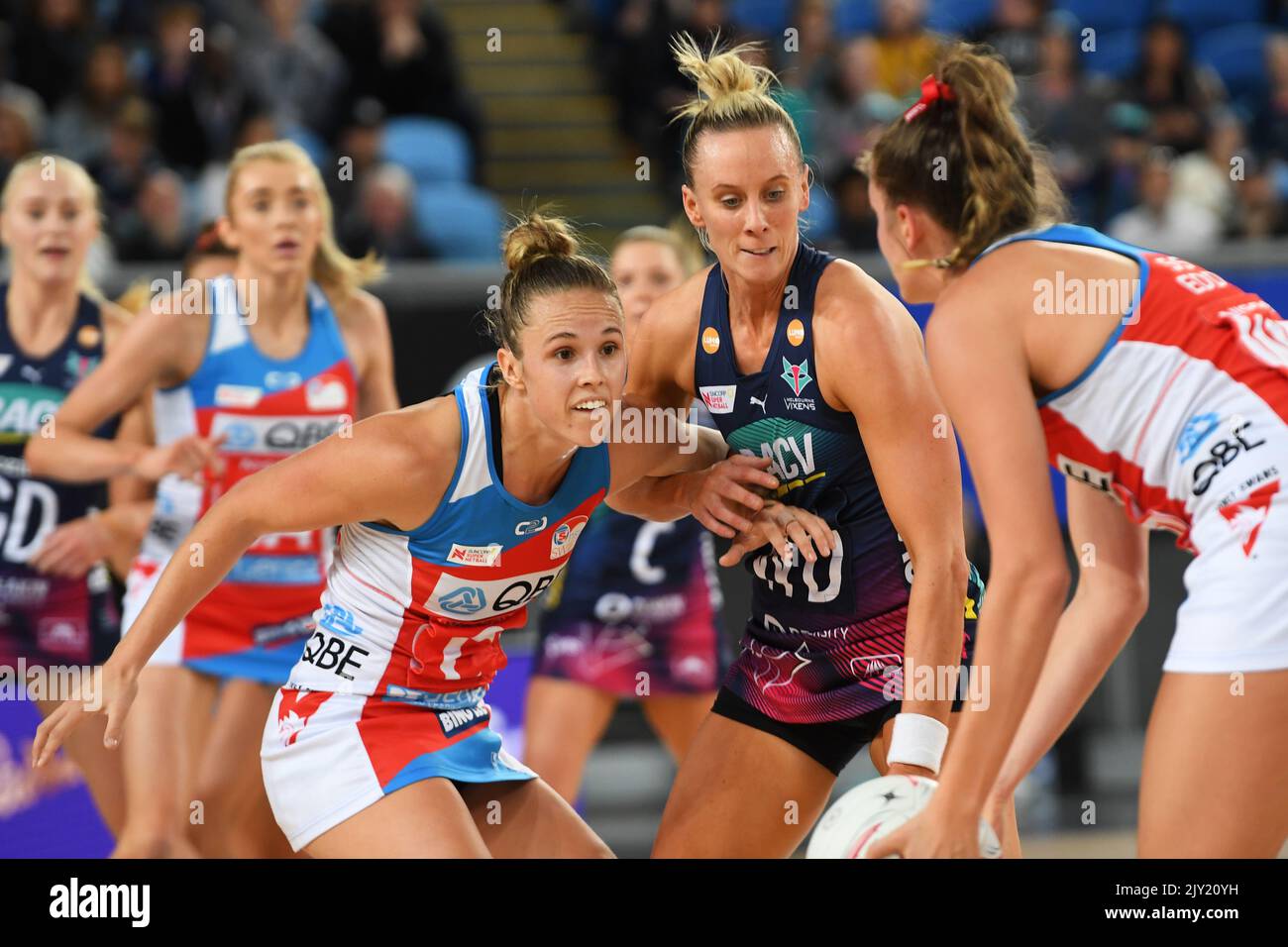 Maddy Proud (left) of the Swifts in action during the Round 5 Super ...