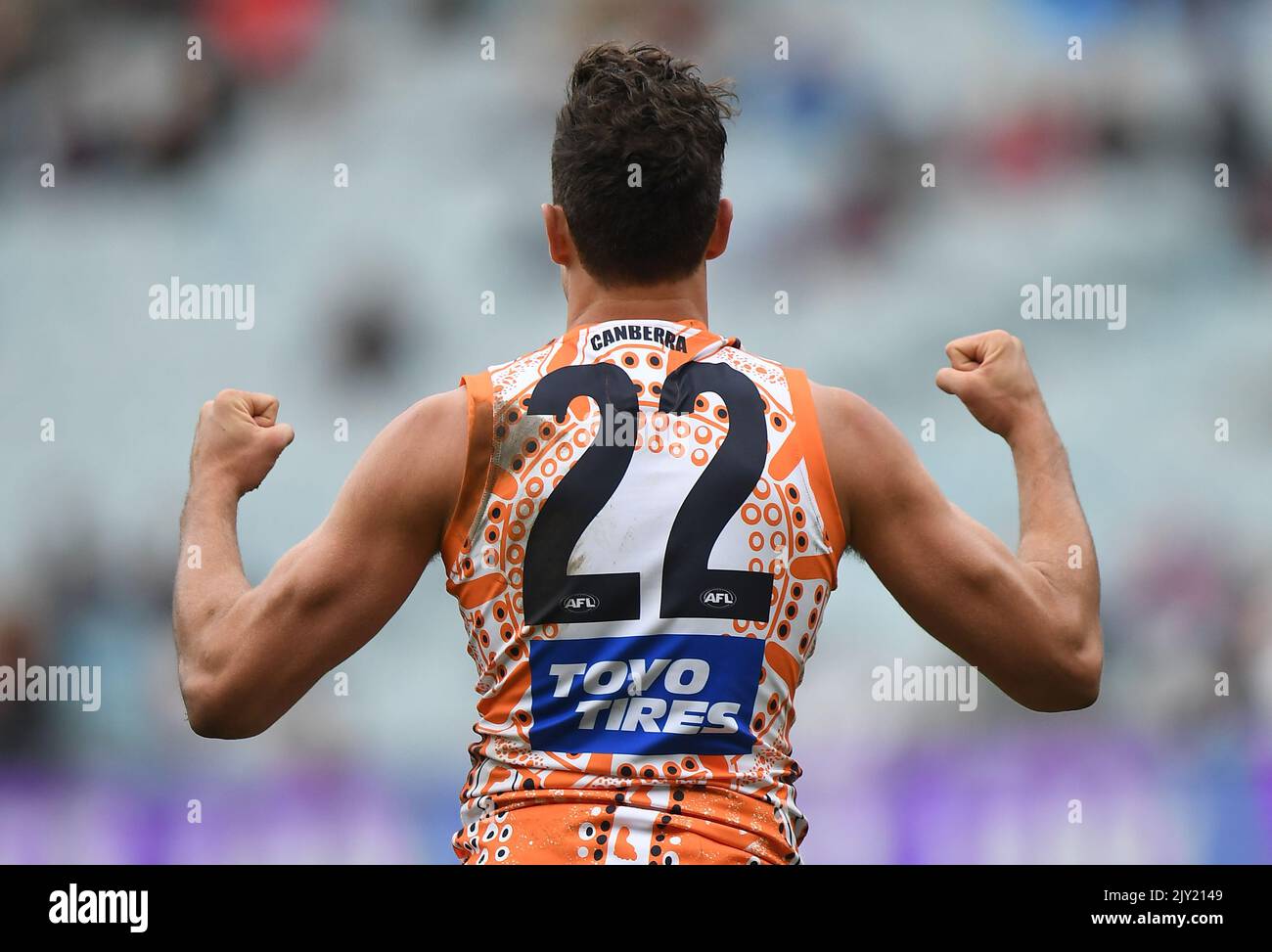Josh Kelly of the Giants reacts after kicking a goal during the Round ...