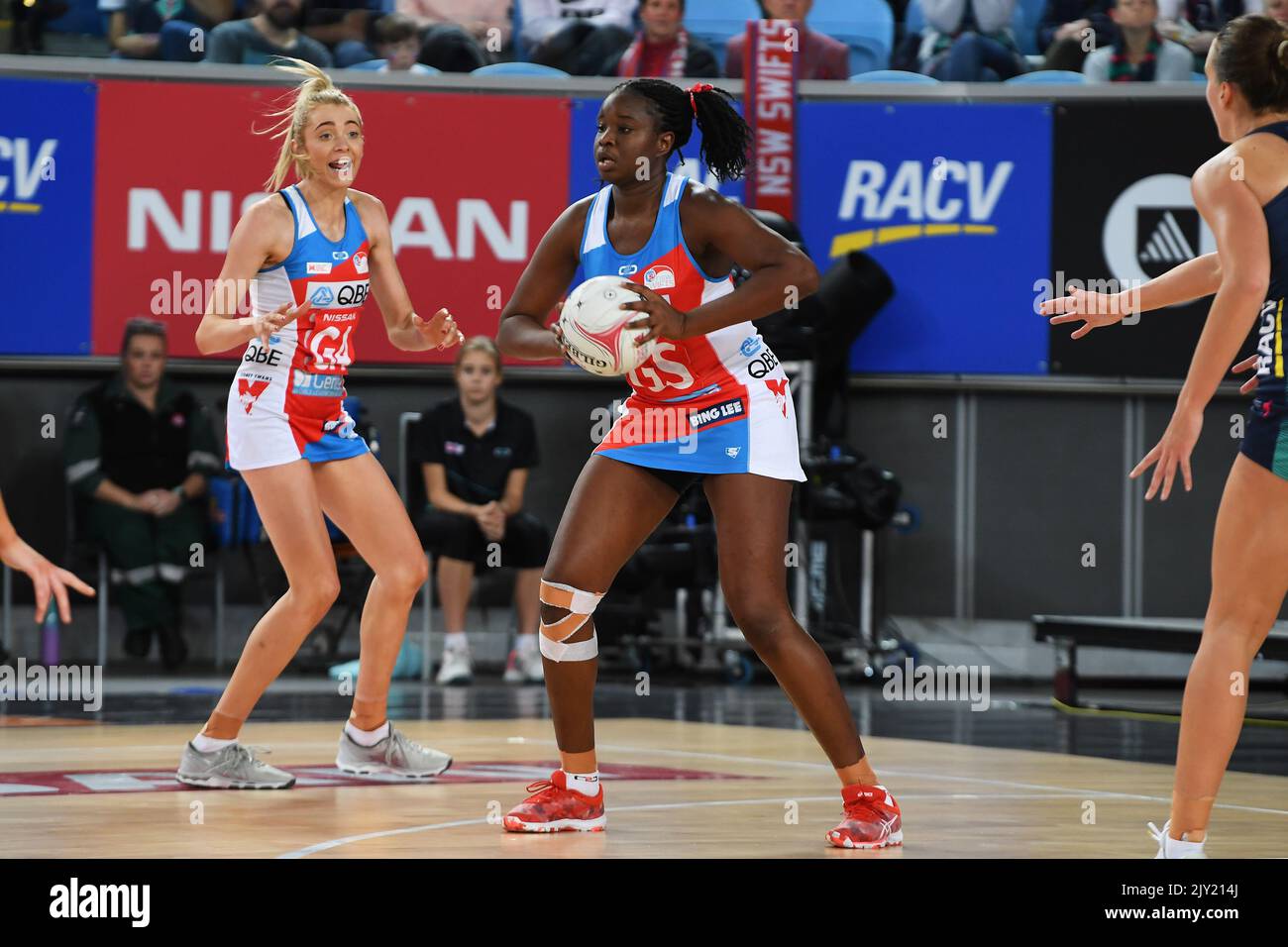 Sam Wallace (centre) of the Swifts in action during the Round 5 Super ...