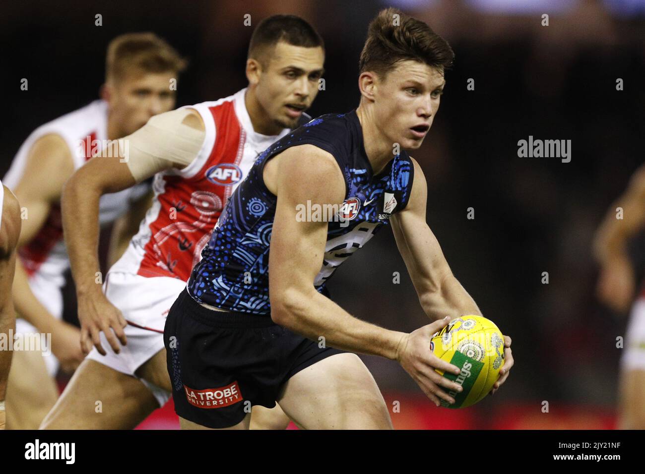 Sam Walsh of the Blues runs with the ball during the Round 10 AFL match ...