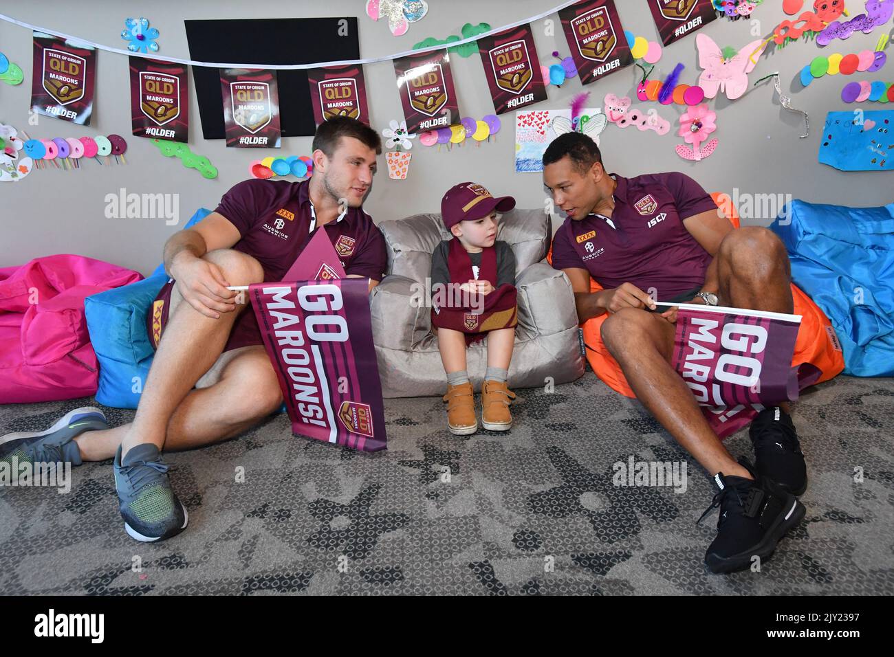 Queensland State of Origin players Jai Arrow (left) and Moses Mbye ...