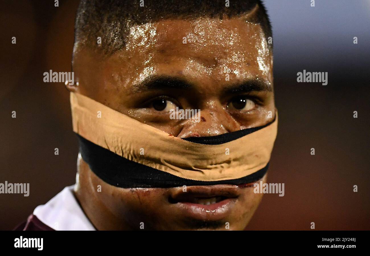 Manase Fainu of the Sea Eagles with his nose strapped during the Round ...