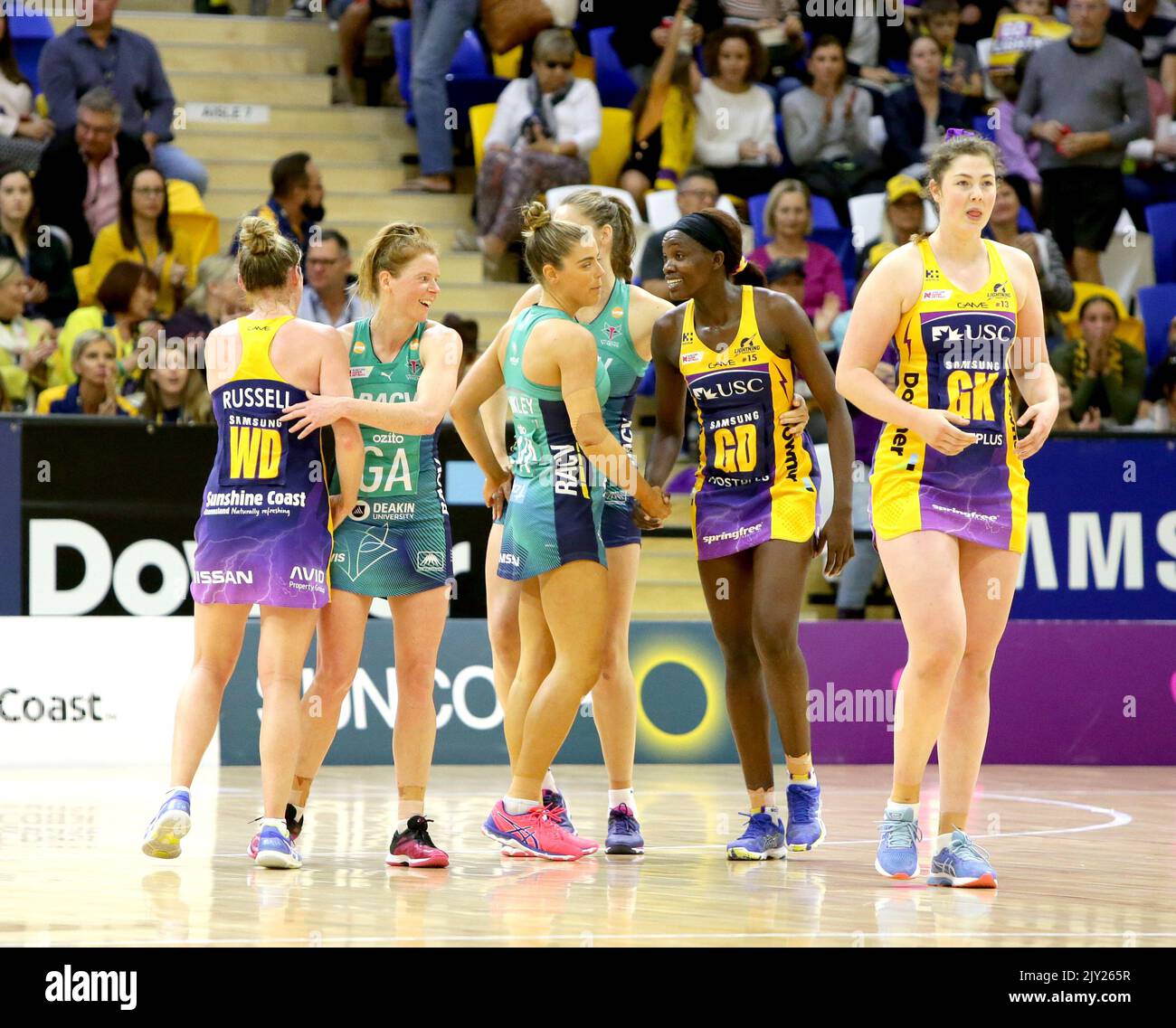 Players shake hands after the Round 6 Super Netball match between the ...