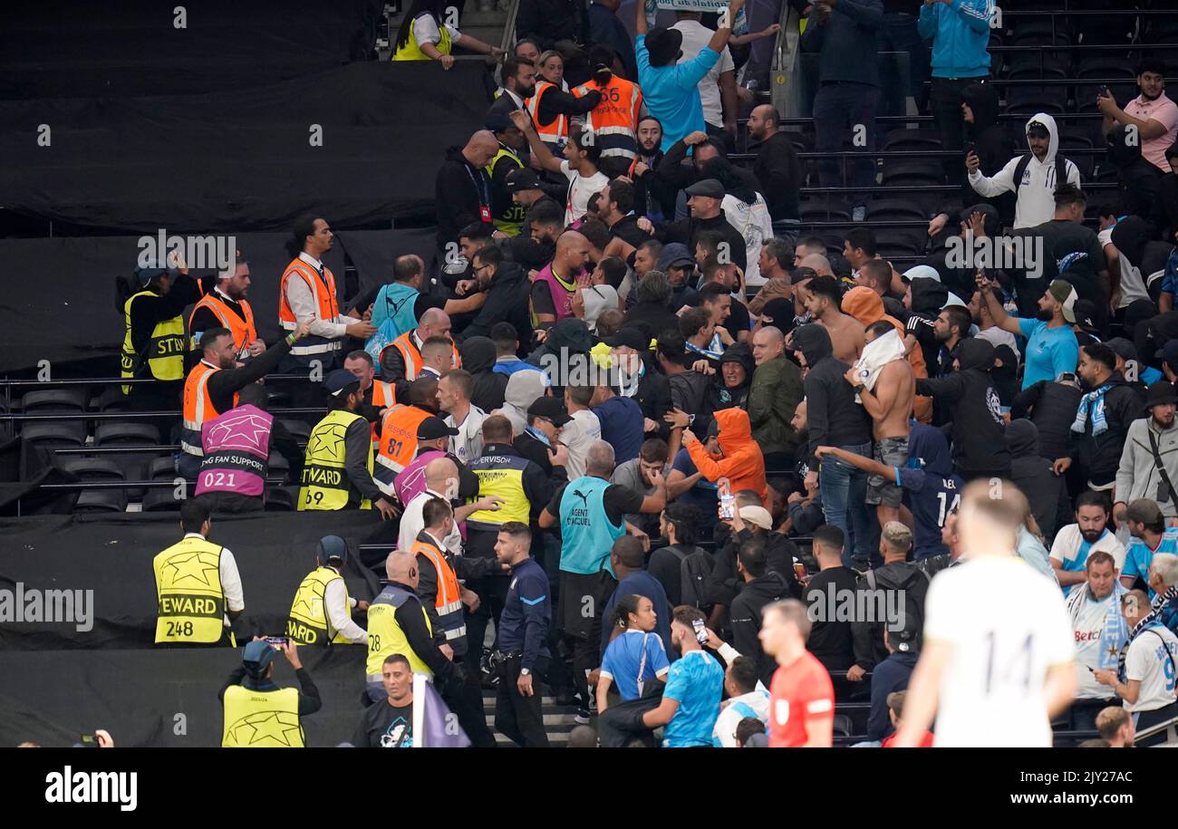 Tottenham Hotspur fans clash with Marseille fans in the stands during ...