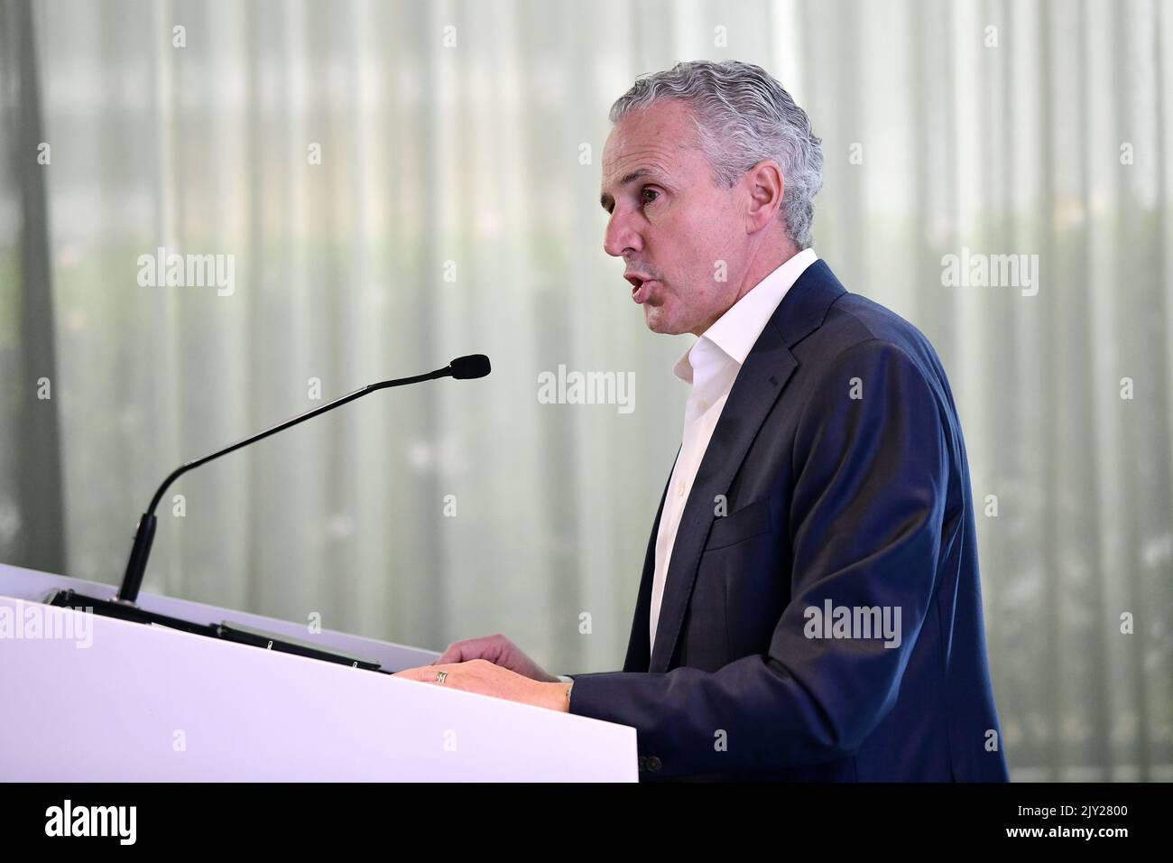 Chief Executive Officer of Telstra Andy Penn speaks during a ...