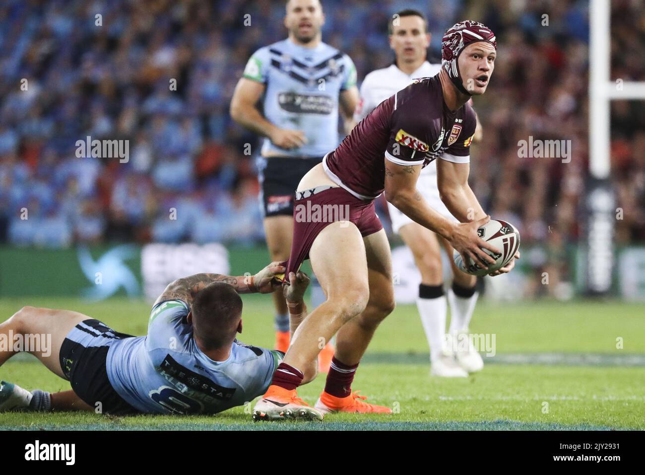 Kalyn Ponga of the Maroons with the ball during Game 1 of the 2019 ...