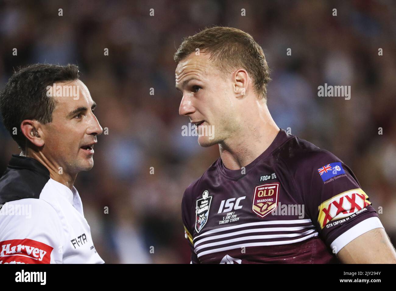 Daly Cherry-Evans of the Maroons speaks to the referee during Game 1 of ...