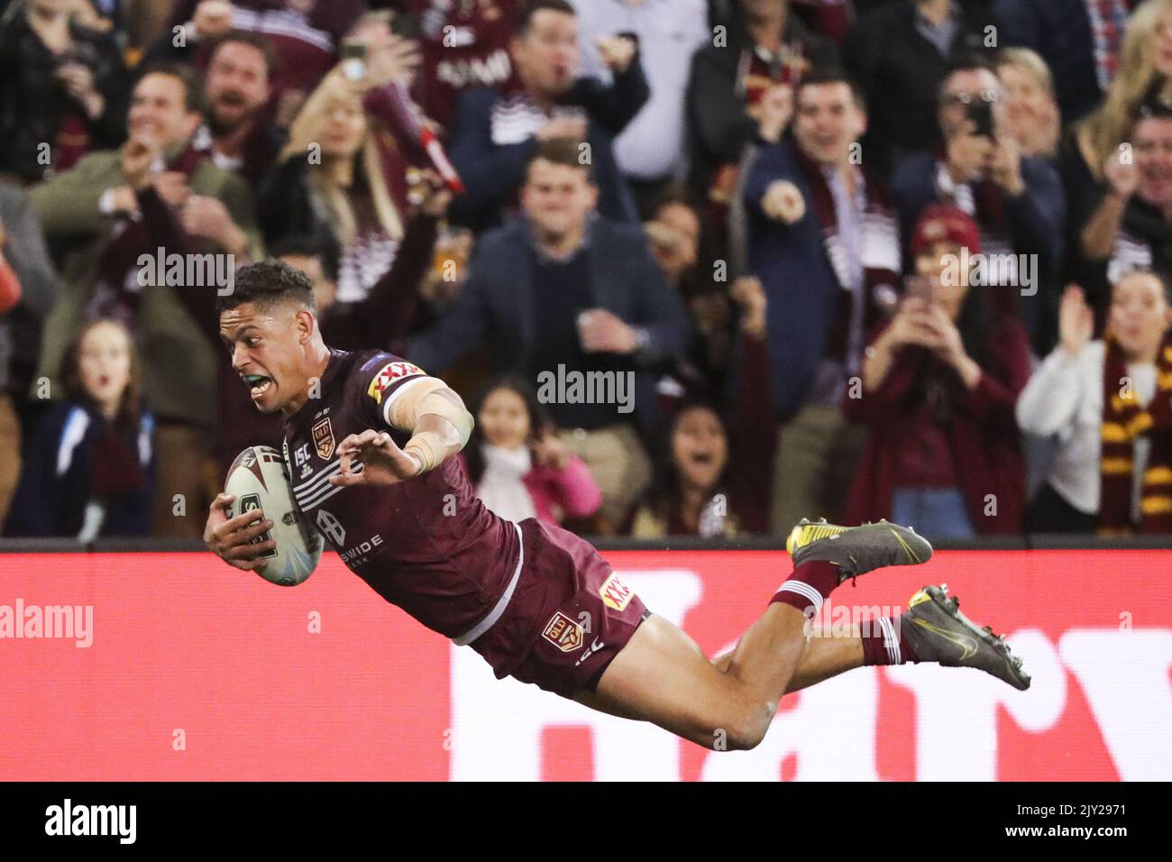 Dane Gagai of the Maroons scores a try during Game 1 of the 2019 State ...