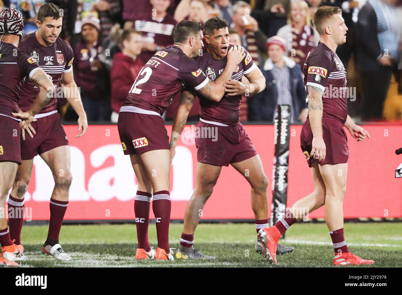 Dane Gagai of the Maroons scores a try during Game 1 of the 2019 State ...