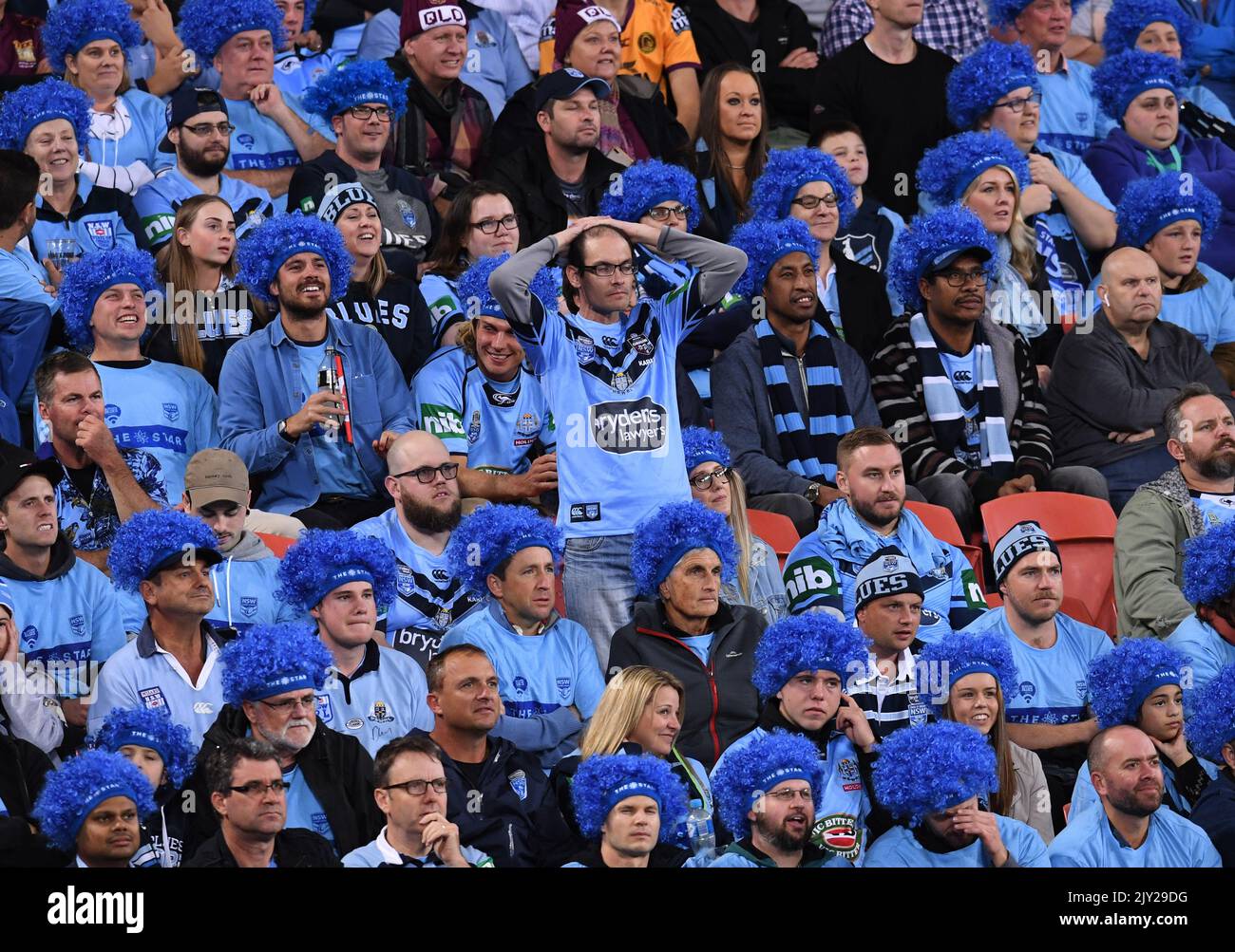 Blues fans react to a Maroons try during Game 1 of the 2019 State of ...