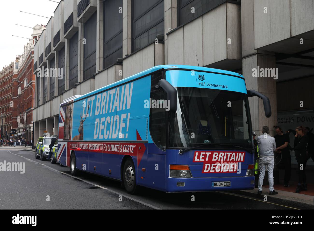 London, UK. 7 September 2022. A bus disguised as a HM Government ...