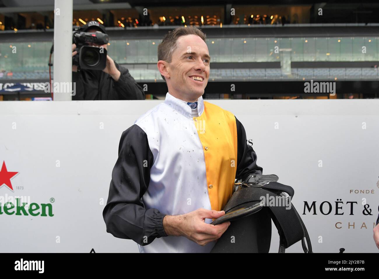 Jockey Jay Ford is seen in the mounting yard after riding Star Of The ...