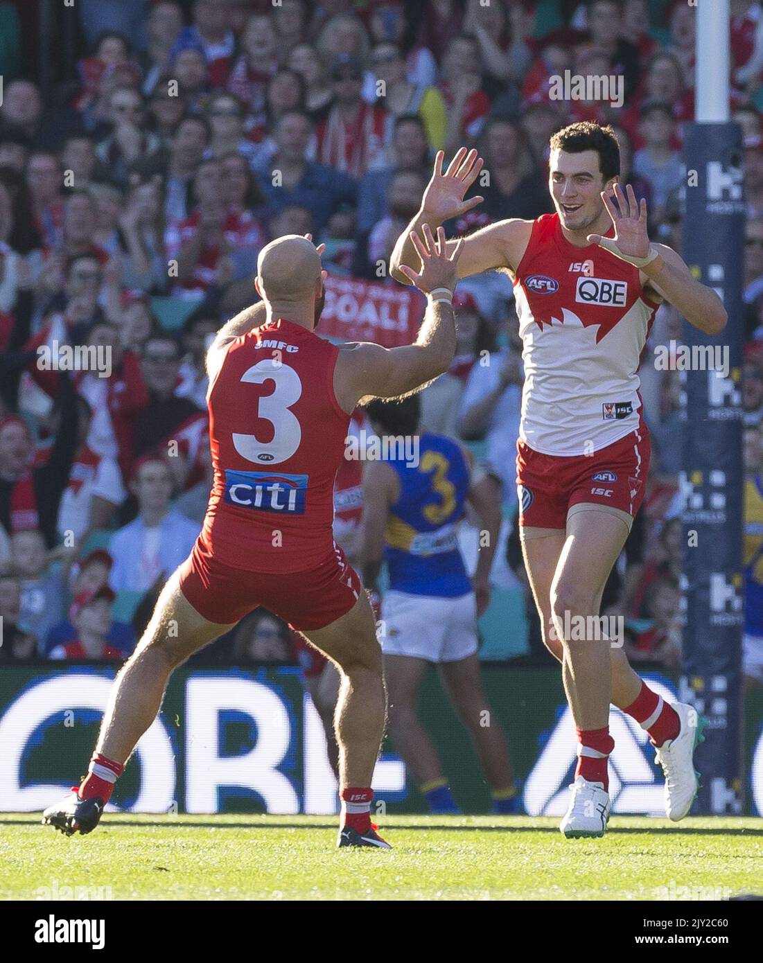 Tom McCartin of the Swans celebrates after kicking a goal during the ...