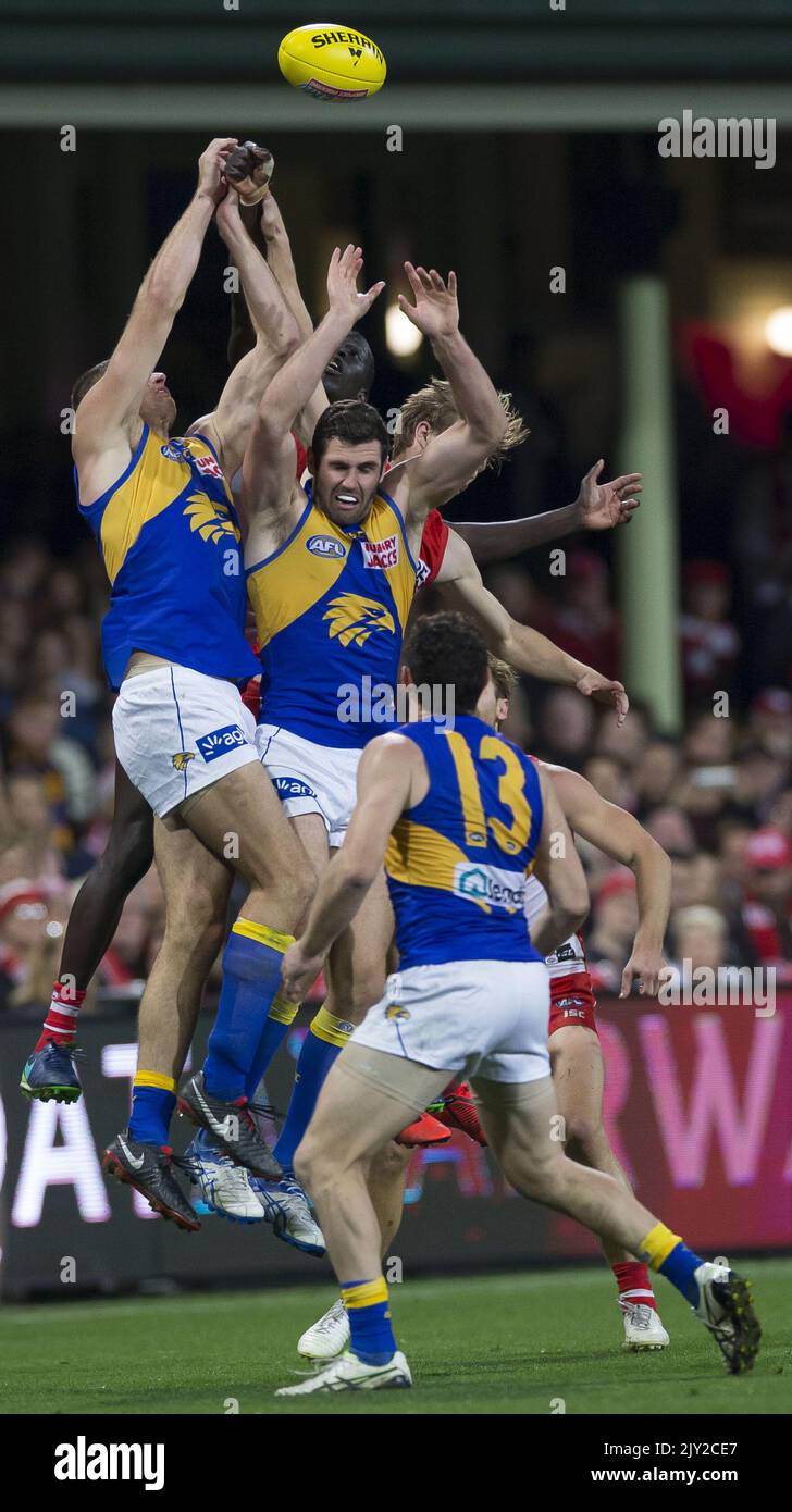 Callum Mills and Aliir Aliir of the Swans and Jack Darling of the ...