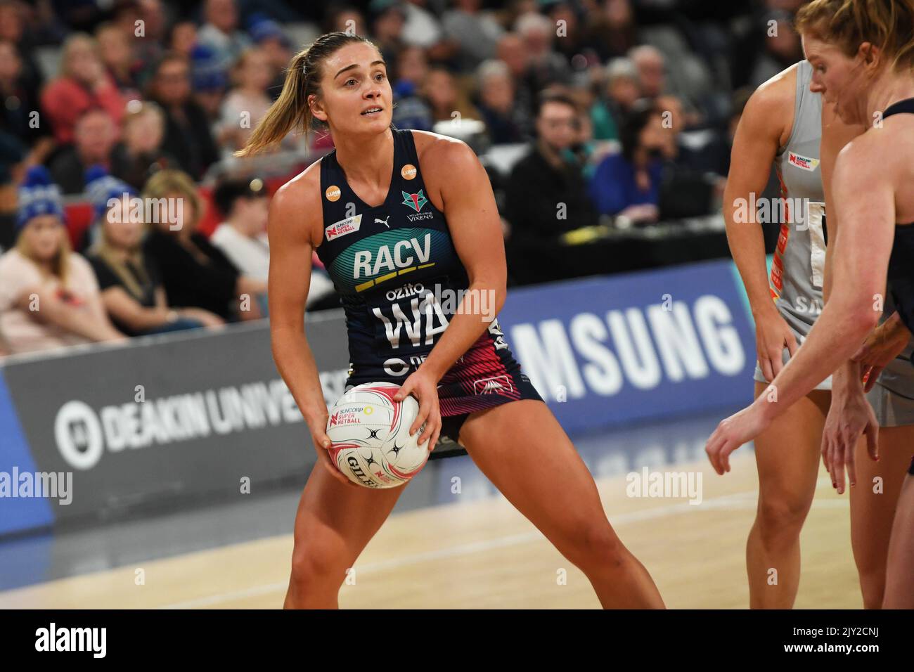 Liz Watson of the Vixens in action during the Round 7 Super Netball ...