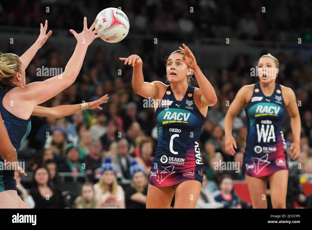 Kate Moloney (centre) of the Vixens in action during the Round 7 Super ...