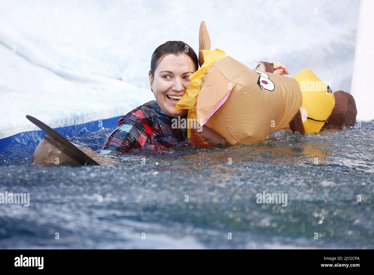 Anna Meares participates in Big Freeze 5 before the Round 12 AFL match ...