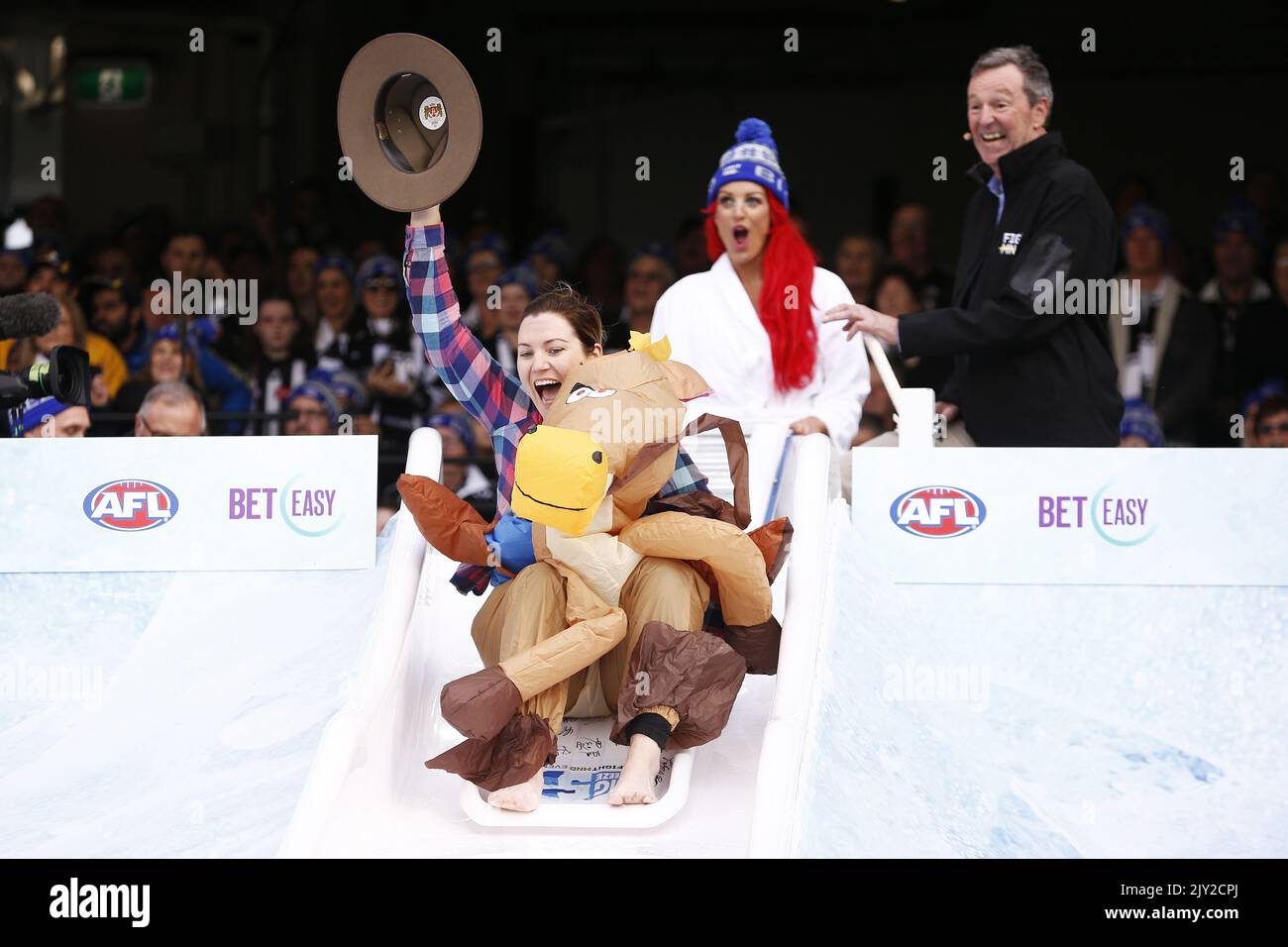 Anna Meares participates in Big Freeze 5 before the Round 12 AFL match ...