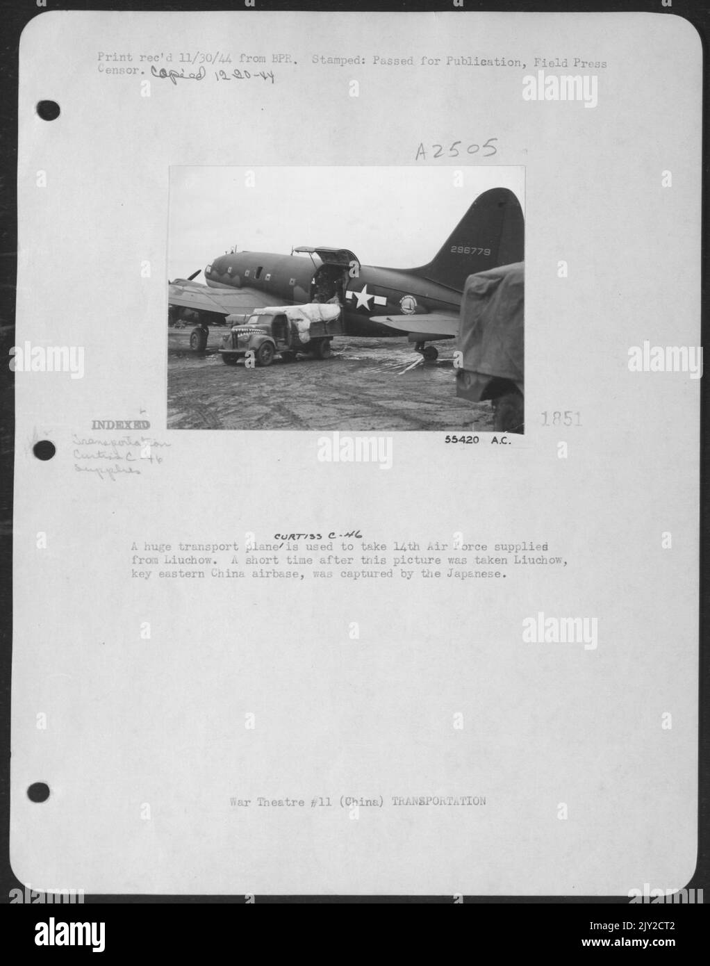 A huge transport plane Curtiss C-46 is used to take 14th Air force ...