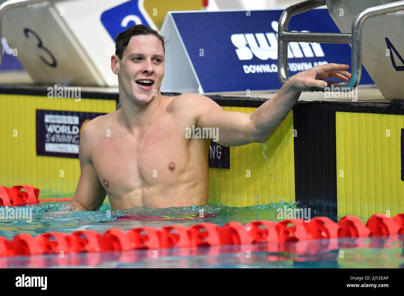 Australian swimmer Mitch Larkin celebrates winning the Final of the the ...