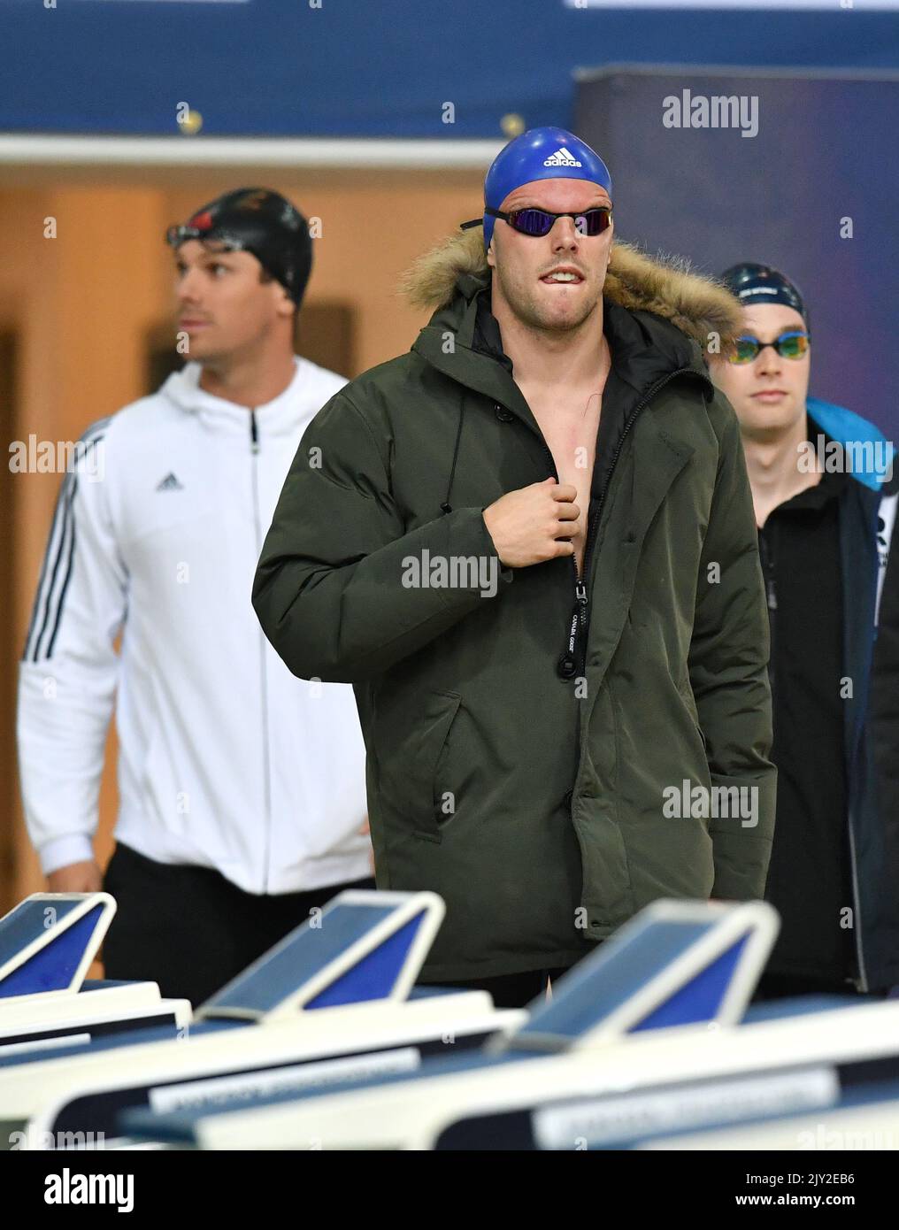 Australian swimmer Kyle Chalmers (centre) is seen before the Final of ...