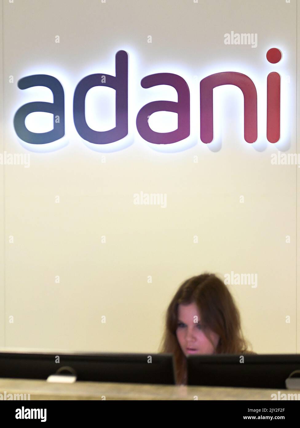 The Adani Mining logo is seen at the company's office in Brisbane ...