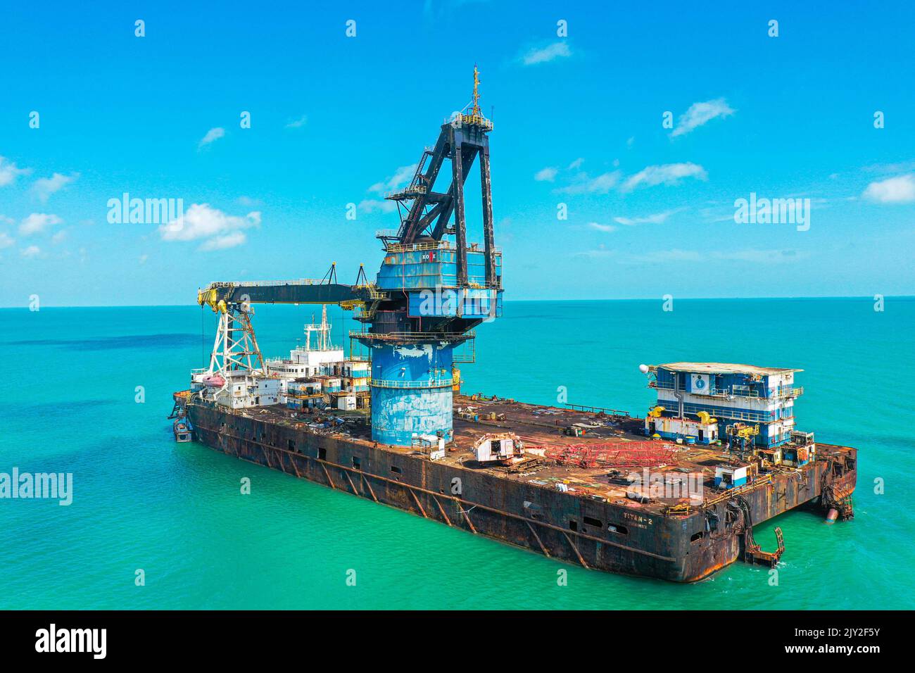 Aerial view of abandoned and grounded ship, platform type ship ...