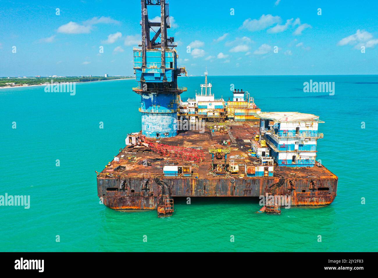 Aerial view of abandoned and grounded ship, platform type ship ...