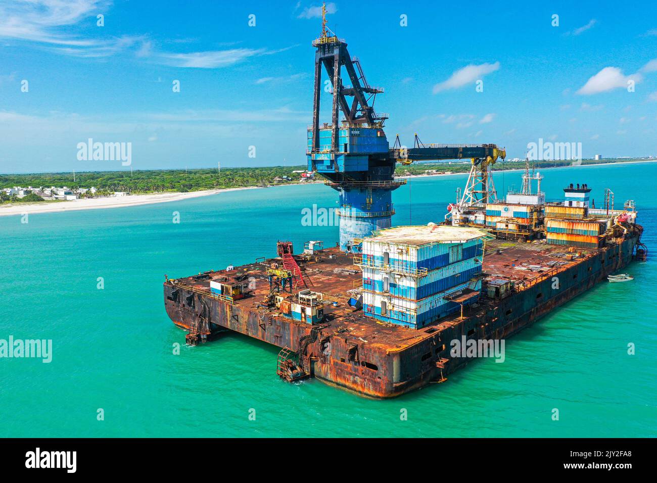 Aerial view of abandoned and grounded ship, platform type ship ...