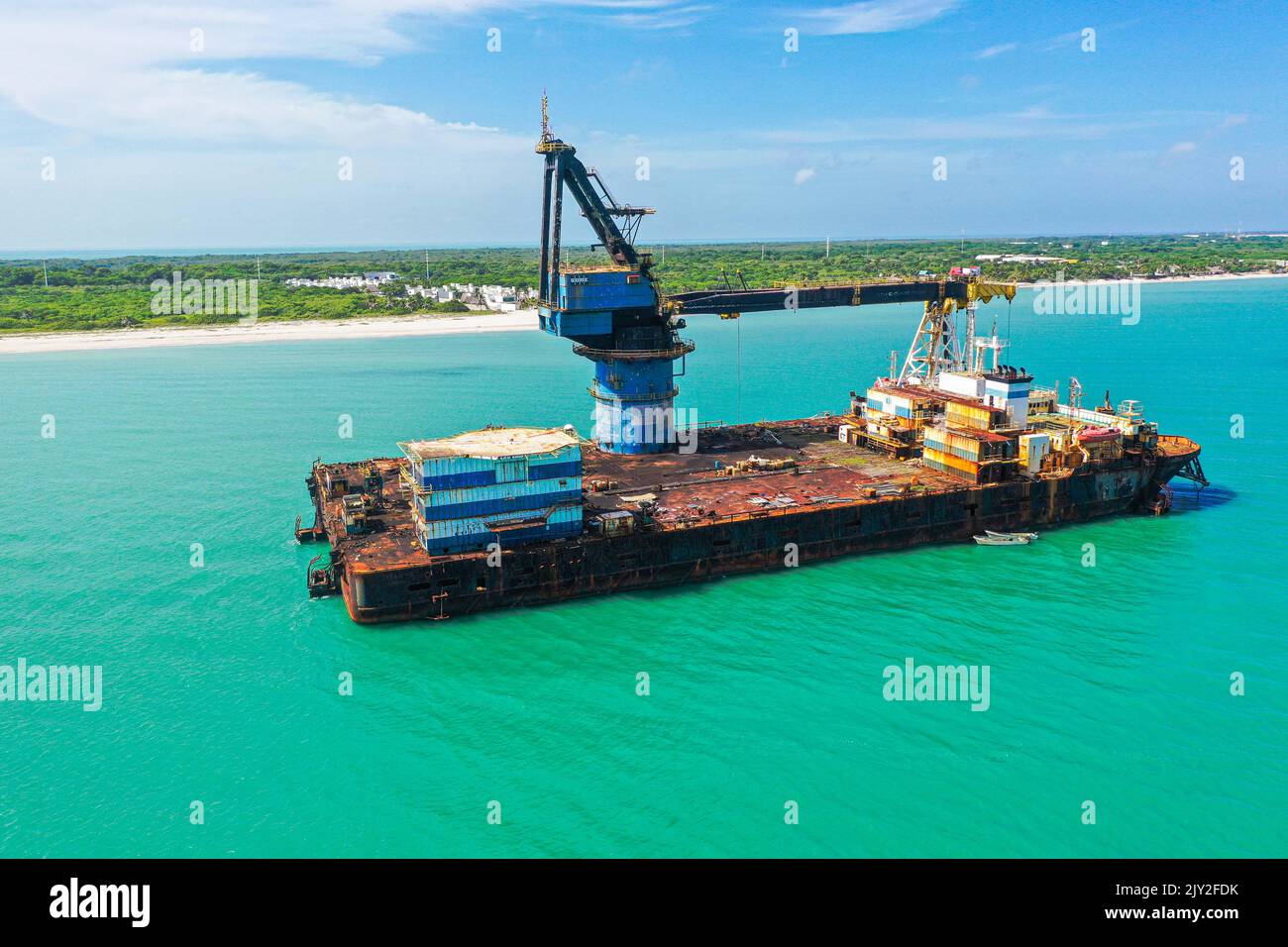 Aerial view of abandoned and grounded ship, platform type ship ...
