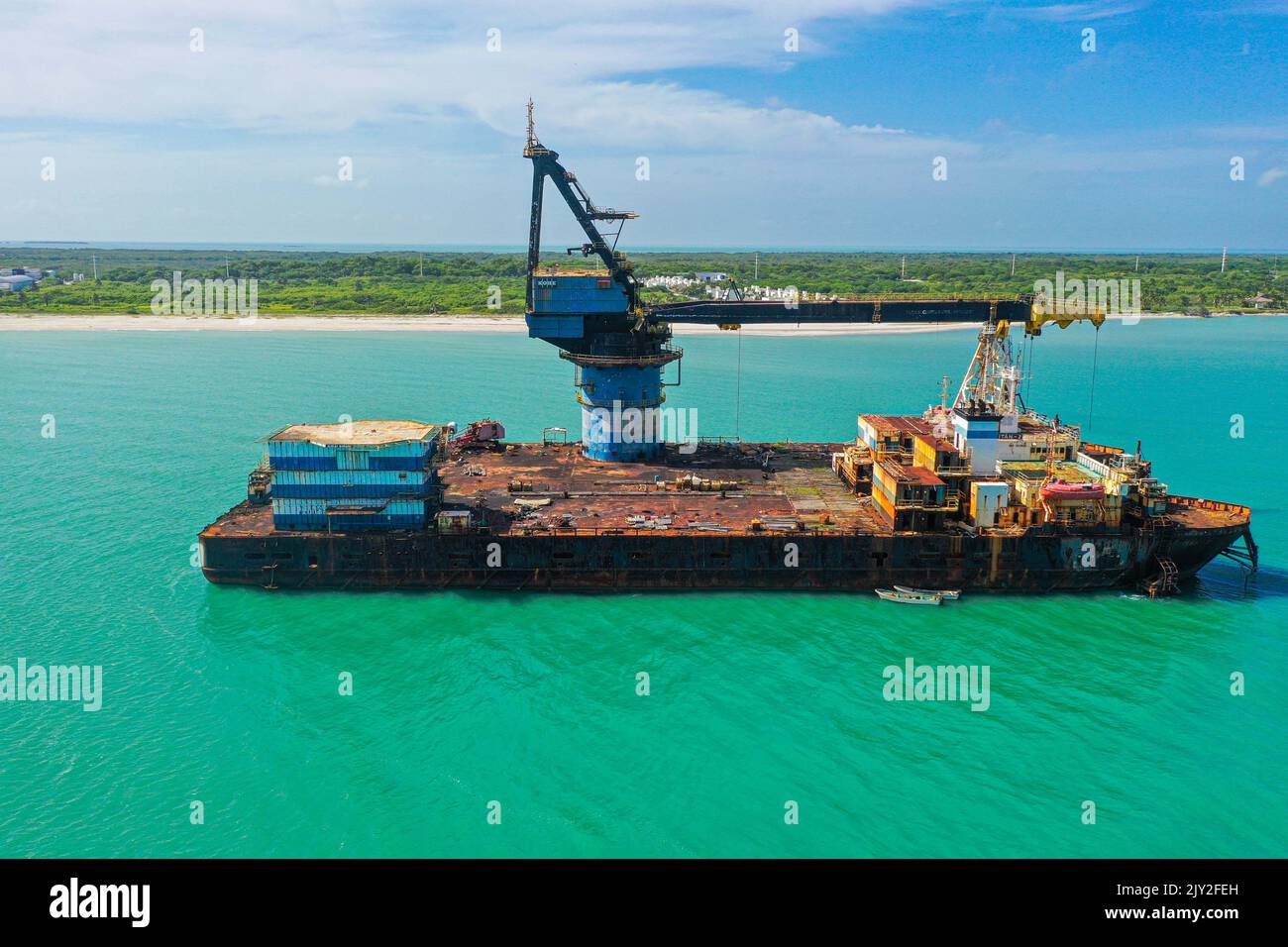 Aerial view of abandoned and grounded ship, platform type ship ...