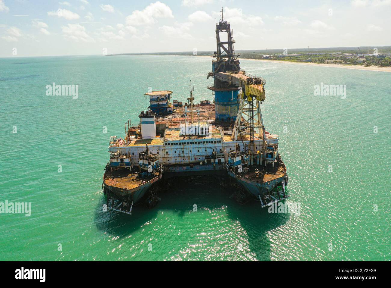Aerial view of abandoned and grounded ship, platform type ship ...