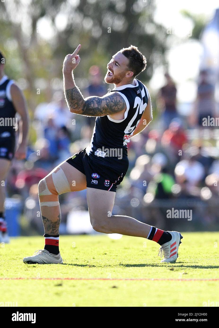 Dean Kent of the Saints celebrates scoring a goal during the Round 13 ...