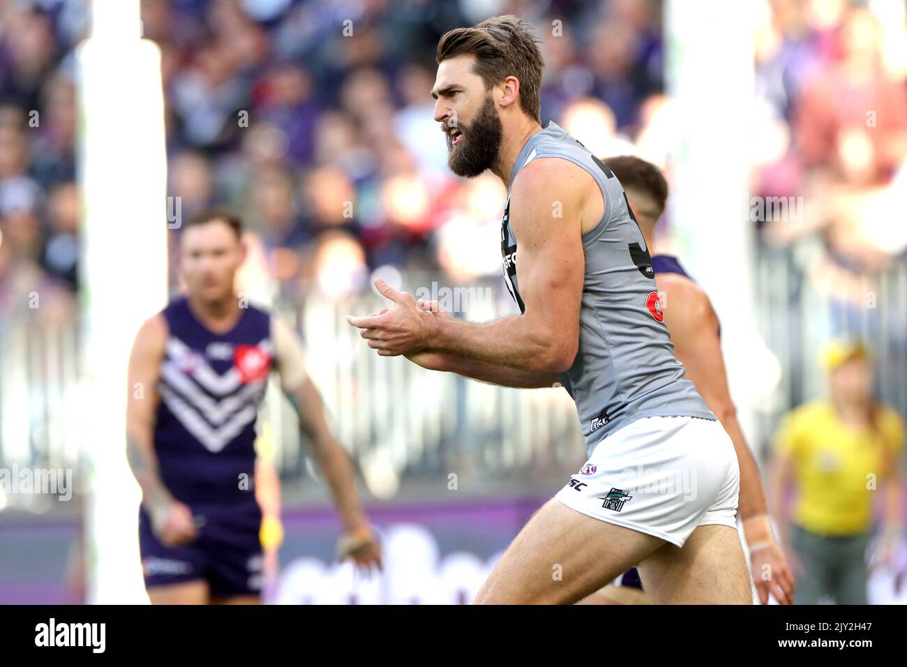 Justin Westhoff of the Power celebrates after kicking a goal during the ...