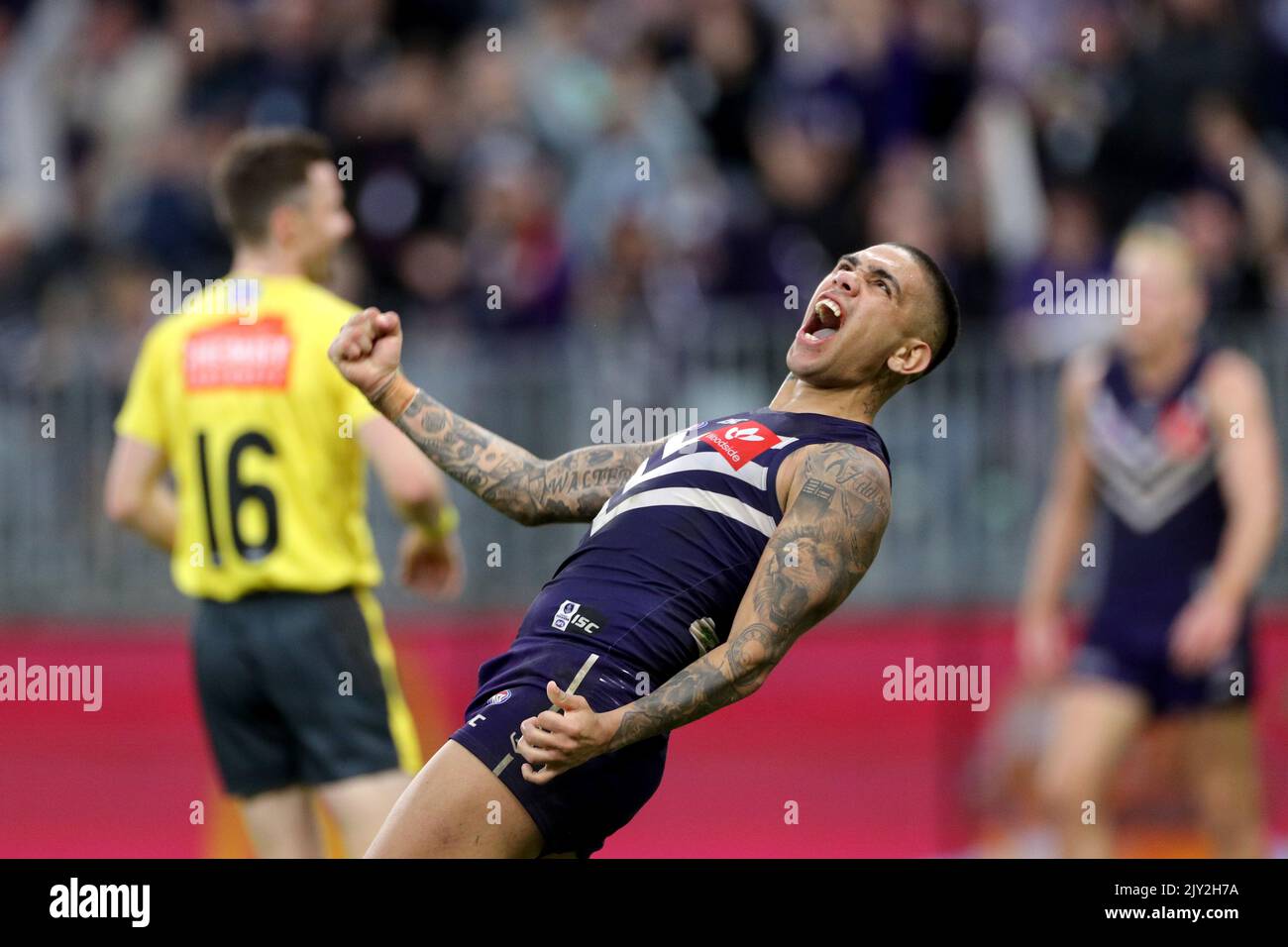 Michael Walters of the Dockers celebrates after kicking a goal during ...