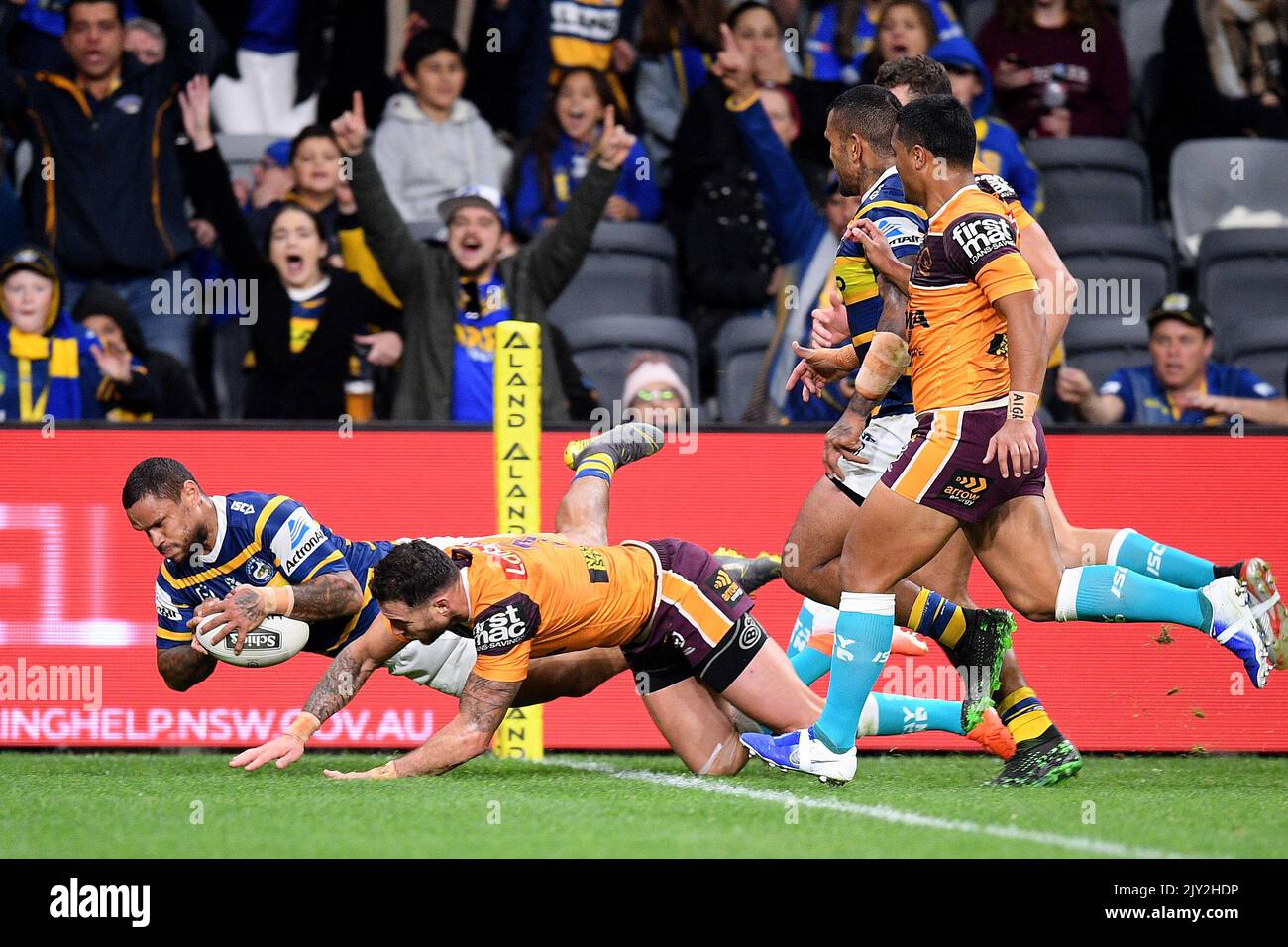Josh Hoffman of the Eels scores a try during the Round 14 NRL match ...