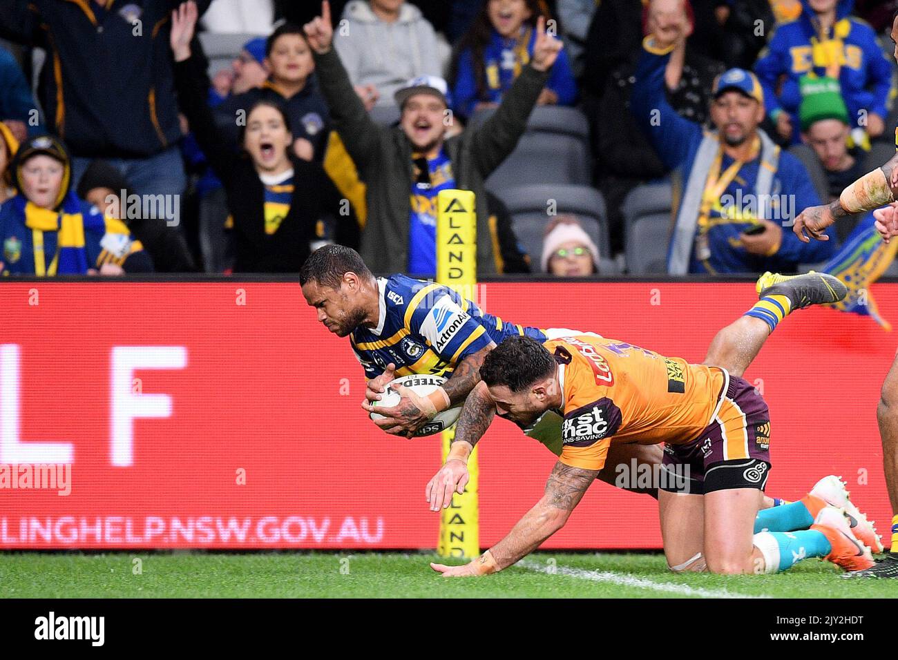 Josh Hoffman of the Eels scores a try during the Round 14 NRL match ...