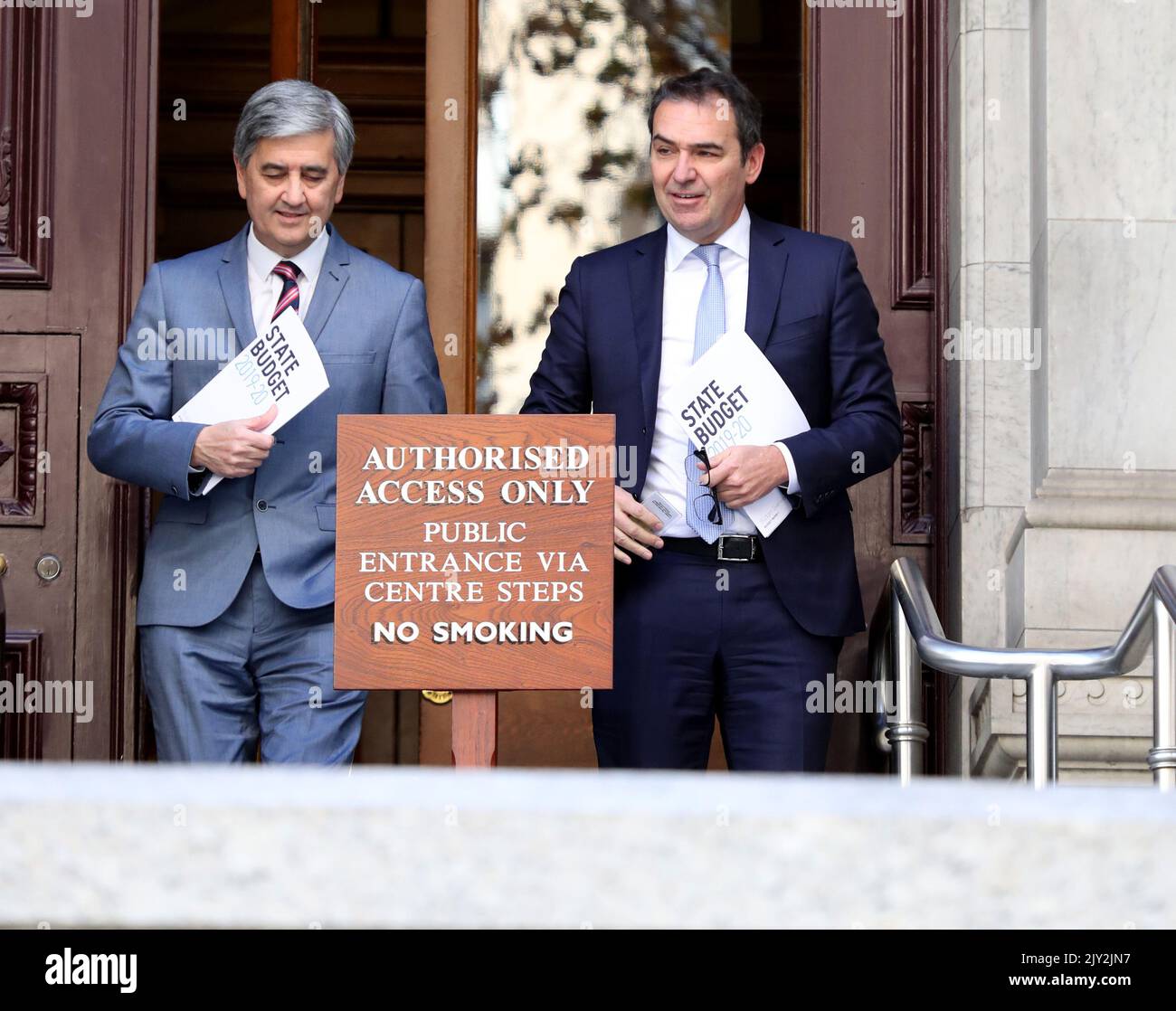SA Treasurer Rob Lucas and Premier Steven Marshall leave Parliament ...