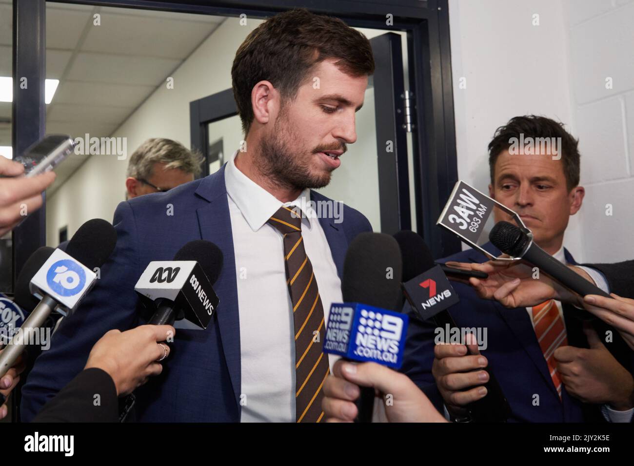 Hawthorn captain Ben Stratton leaves the AFL tribunal at Marvel Stadium ...