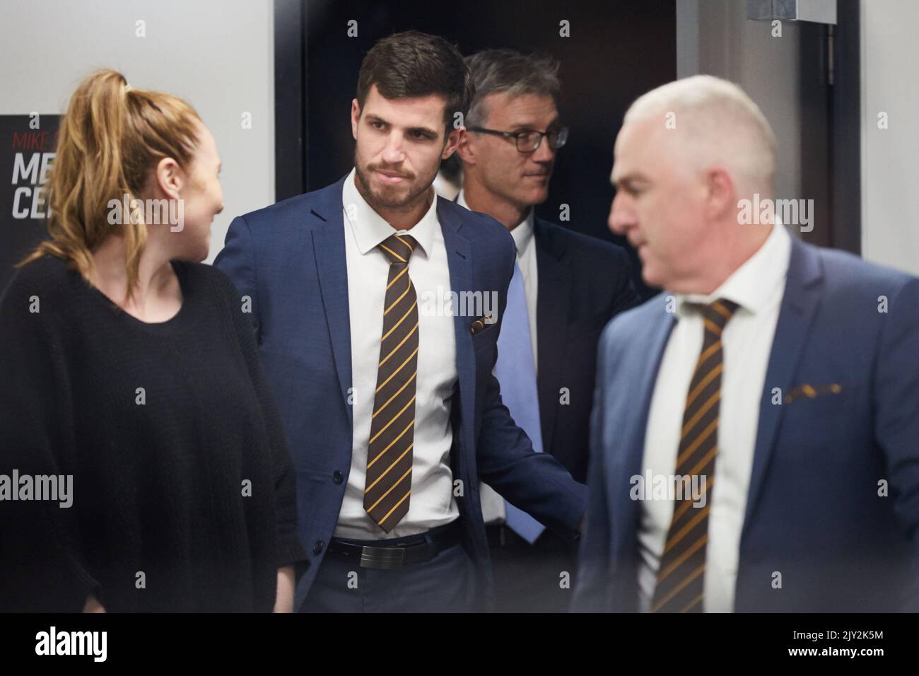 Hawthorn captain Ben Stratton leaves the AFL tribunal at Marvel Stadium ...