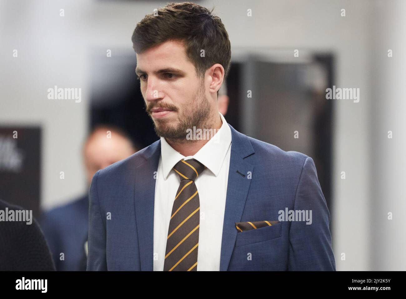 Hawthorn captain Ben Stratton leaves the AFL tribunal at Marvel Stadium ...