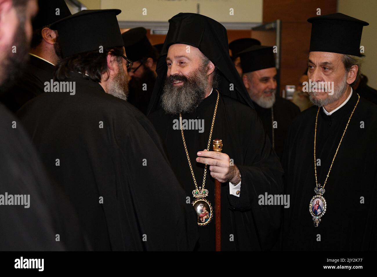 New Greek Orthodox leader Archbishop Makarios is greeted by priests as ...