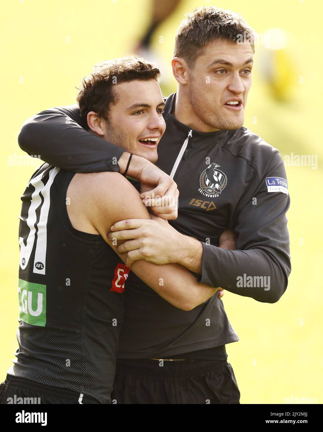 Flynn Appleby and Darcy Moore (right) are seen during a Collingwood ...