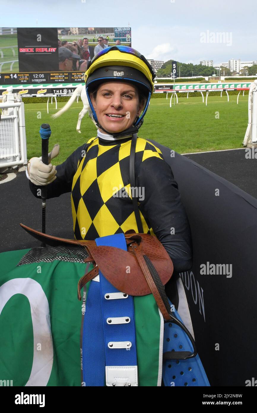 Jockey Jenny Duggan is seen in the mounting yard after riding Gumshoe ...