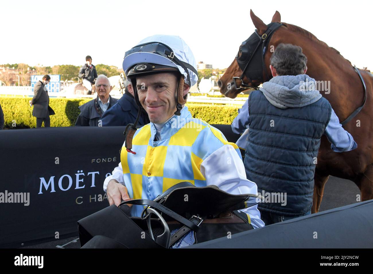 Jockey Jay Ford is seen in the mounting yard after riding Primitivo to ...